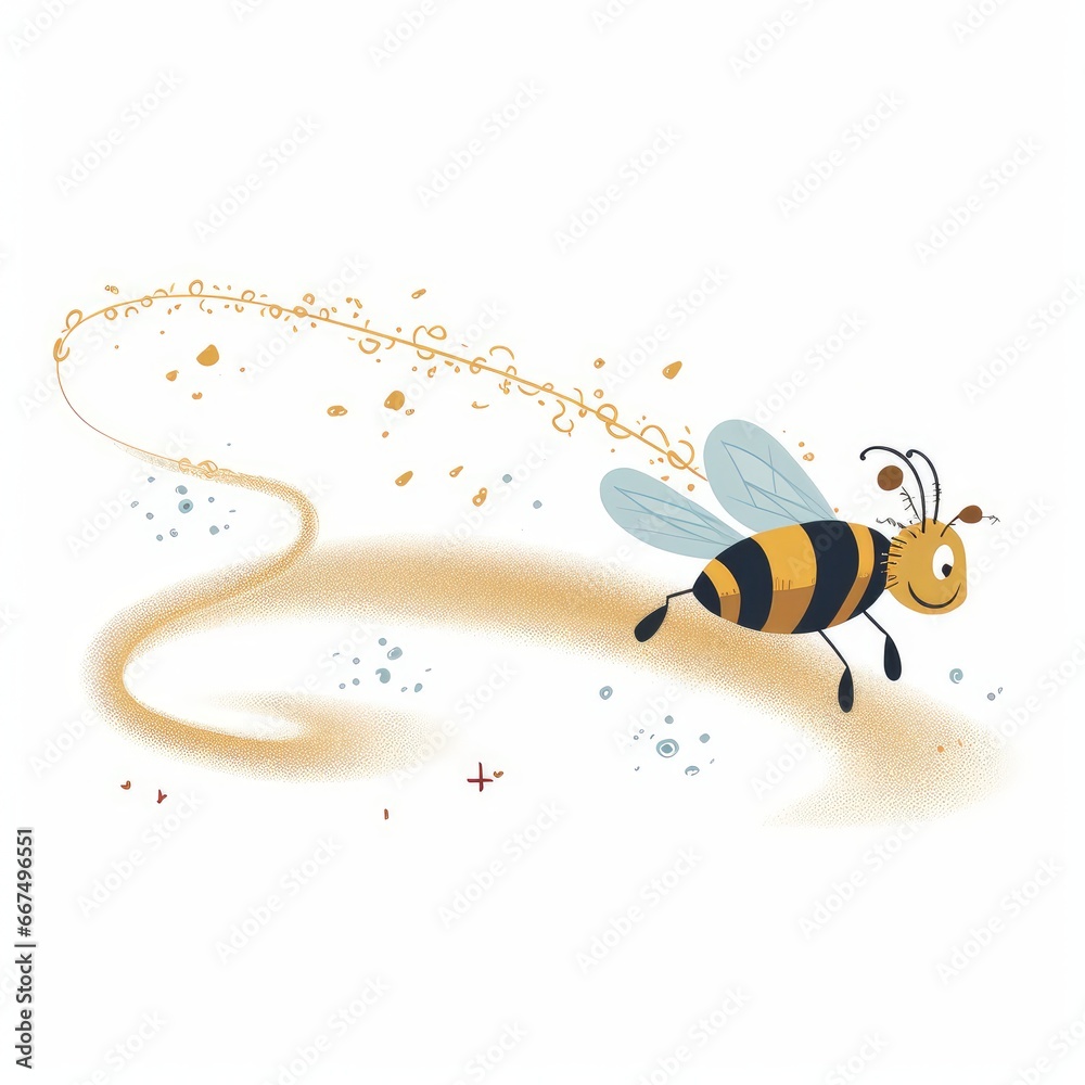 Cute cartoon depiction of a bee flying with a trail of pollen on white ...