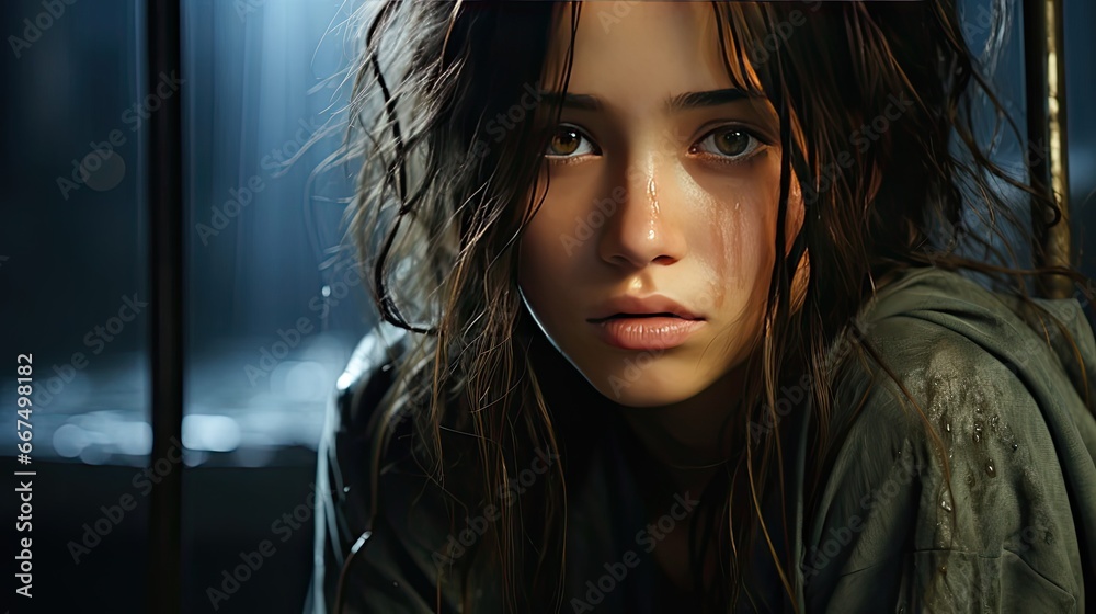 Beautiful sad lonely girl sitting near the window is missing. Sad ...