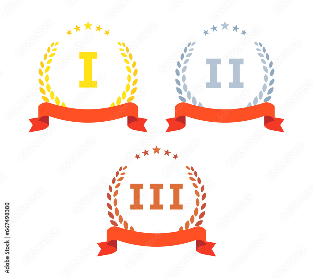 Gold, silver and bronze olive branches with Roman numerals. Olive ...