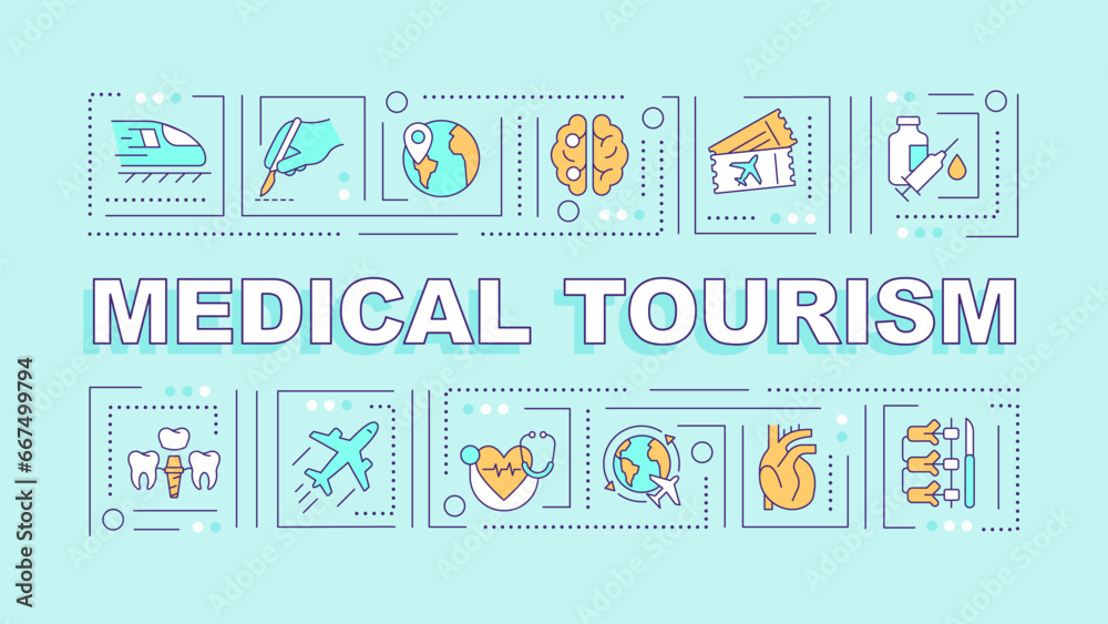 medical tourism text with various thin linear icons concept on blue ...