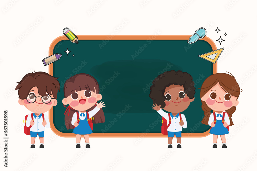 Cute cartoon Students Back to school and learning in the classroom ...