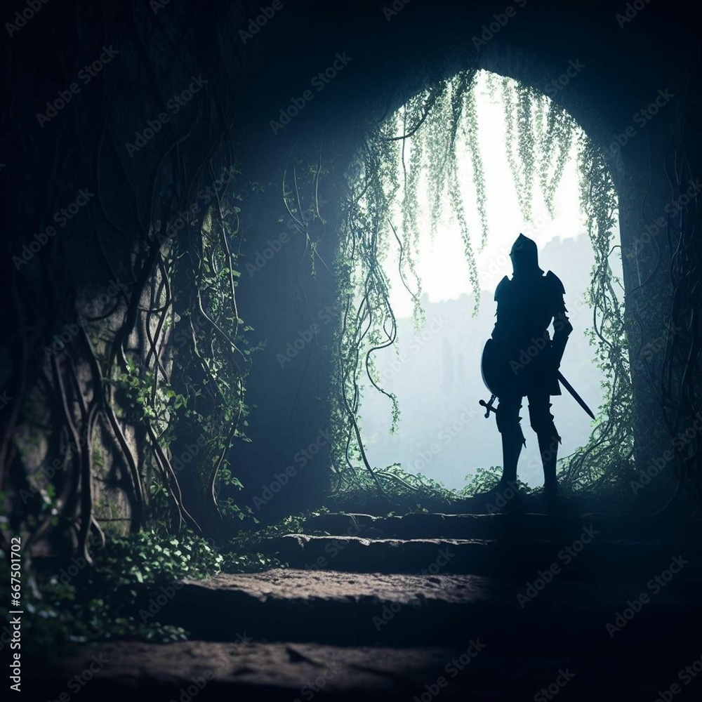 AI generated illustration of a medieval knight at the entrance of a ...