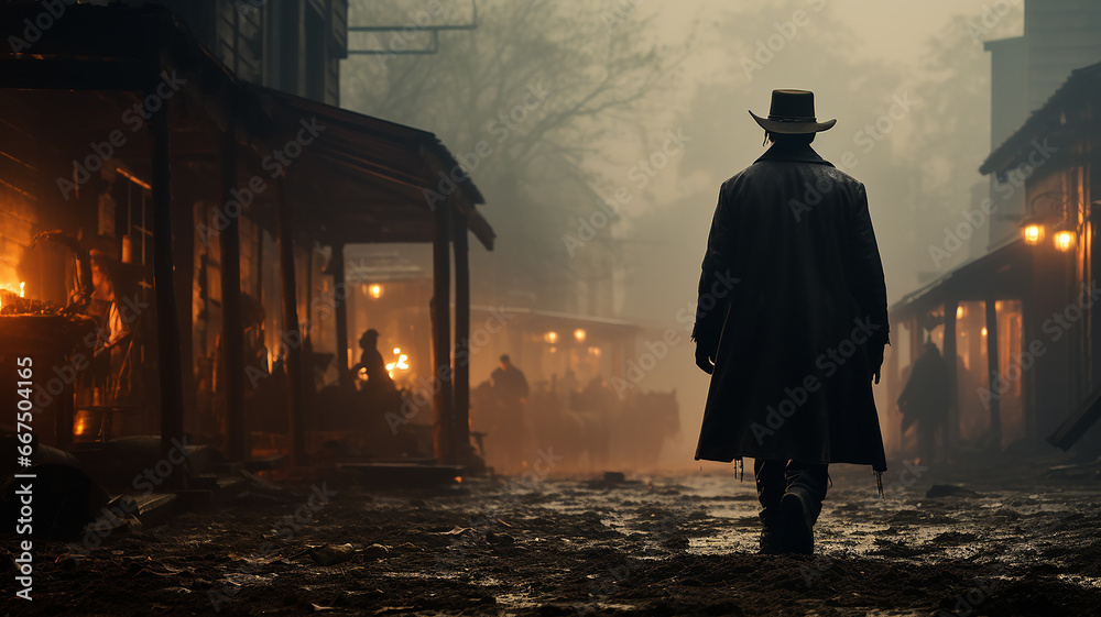 cowboy view from the back, wild west, retro landscape in the town ...