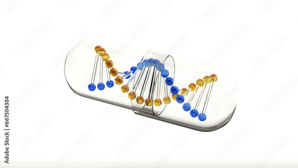 A transparent capsule with a DNA structure inside. Seamless loop. 3D ... A transparent capsule with a DNA structure inside. Seamless loop. 3D ...