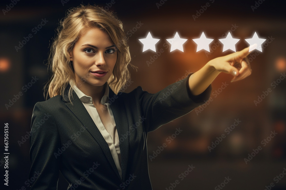 Business woman in a suit gives star rating, star hand touch, business ...