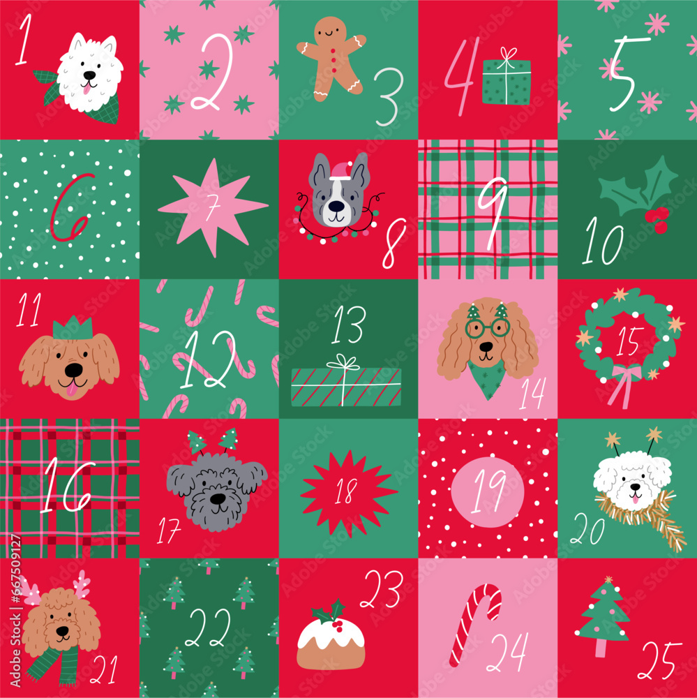 Christmas Advent calendar with Dogs. Cute cartoon Christmas dogs ...