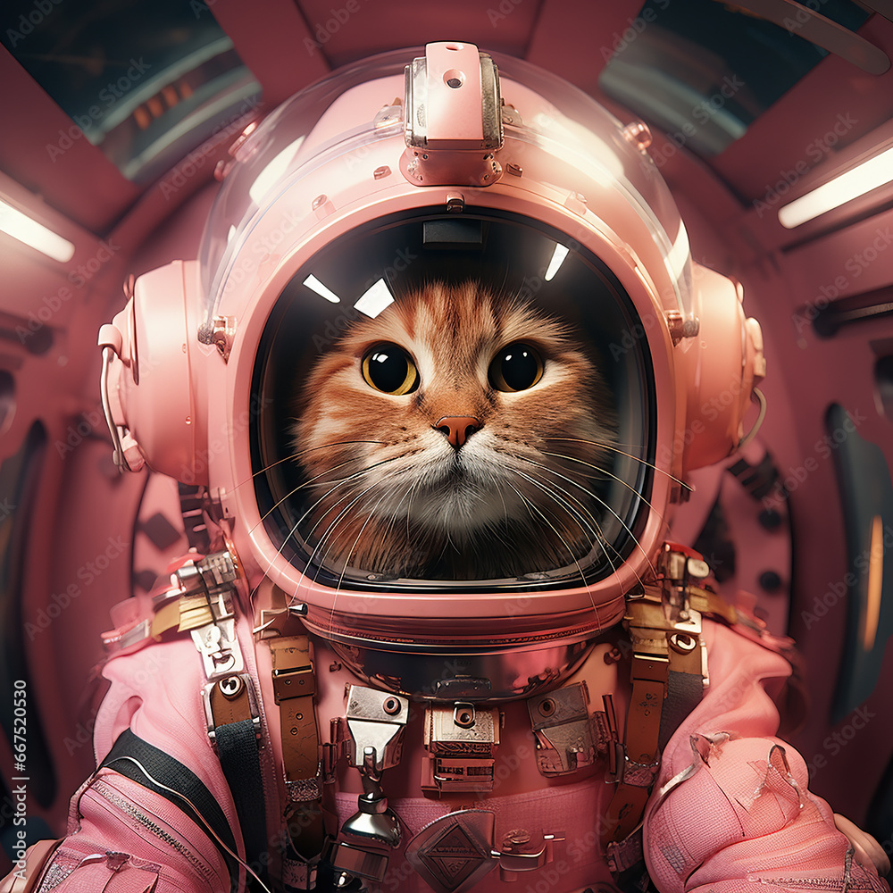 Astrocat: A tabby cat dressed in a pink spacesuit and helmet in a ...