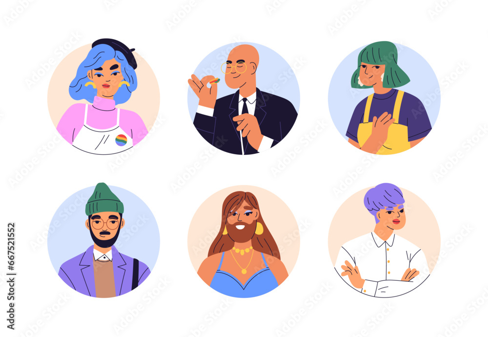 Queer people, face avatars in circles. LGBT homosexual characters, head ...