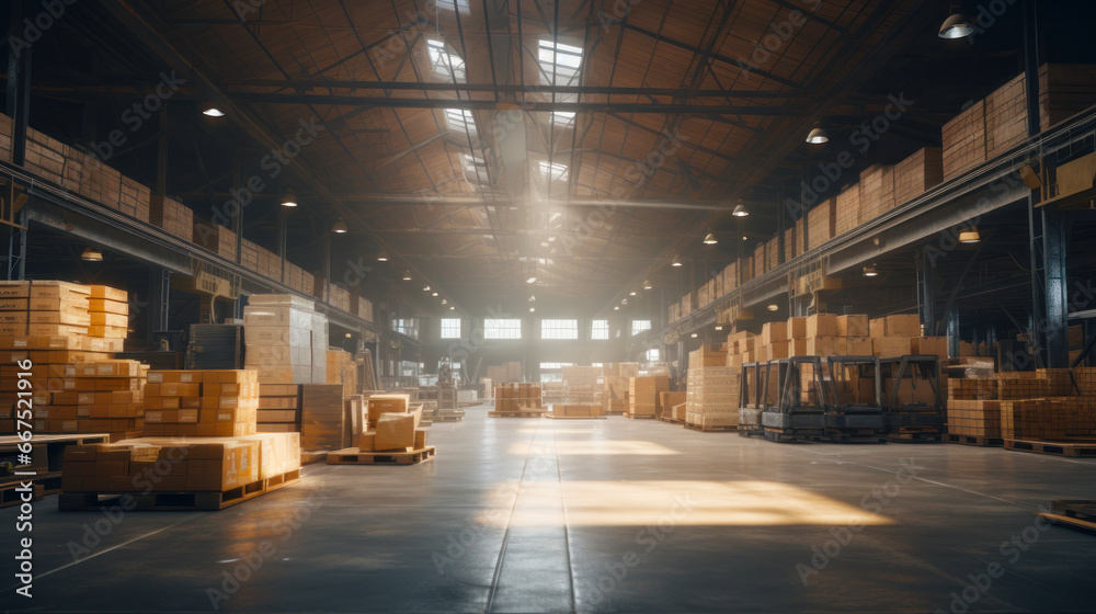 Warehouse interior with shelves and rows of cardboard boxes. Industrial ...