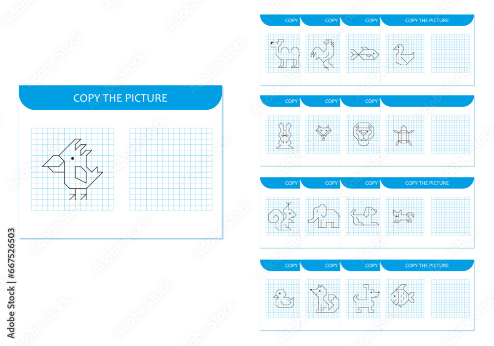 Set of 17 educational drawing exercise game for children. Copy the ...