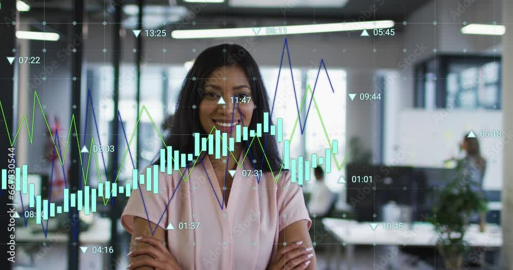 Animation of multiple graphs with changing numbers over smiling biracial woman standing arms ...