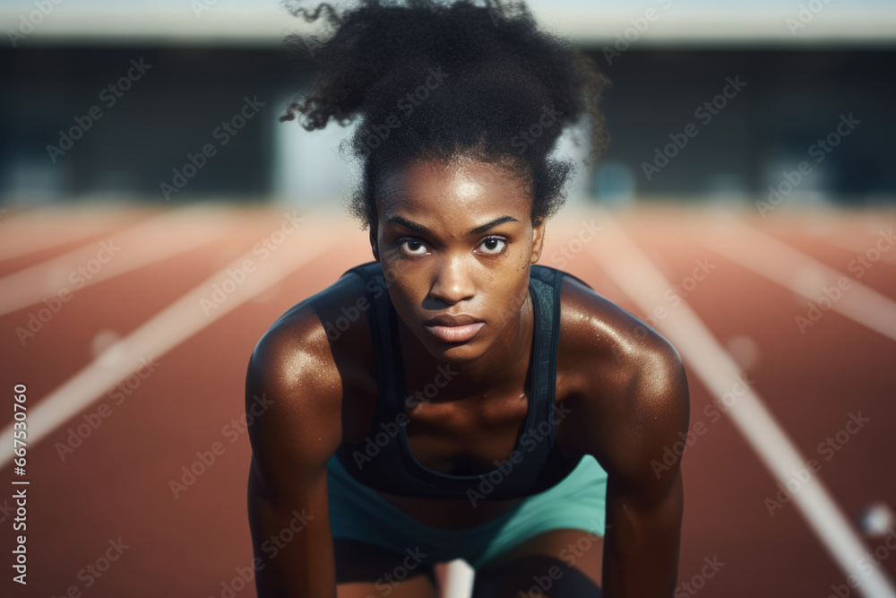 Female athlete in crouching position on running track. This image can ...