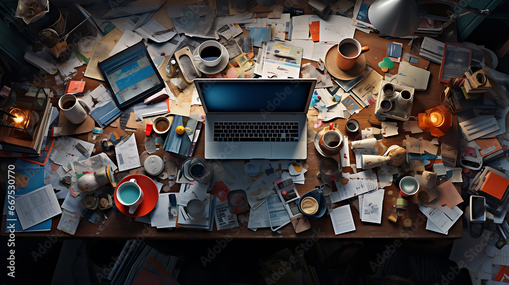Bird's-eye View of a Chaotic Office Desk Stock-Foto | Adobe Stock