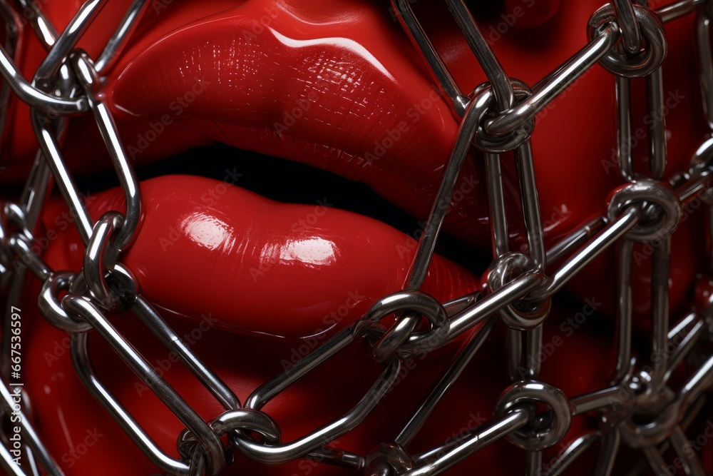 Red female lips chained with metal chains. Lips in bondage. Passionate ...