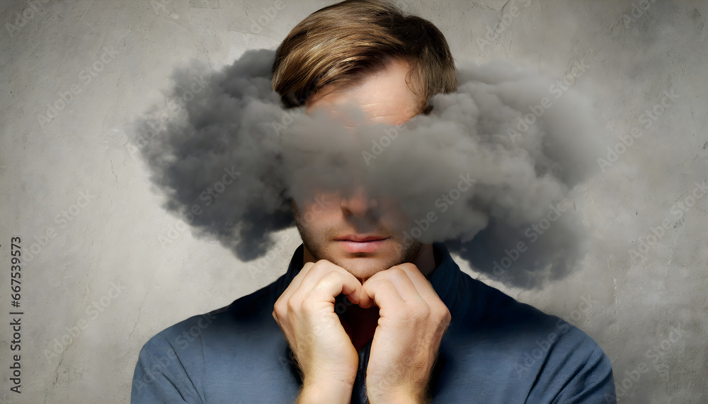 Sad man with his face and head wrapped in a dark grey cloud, isolated ...