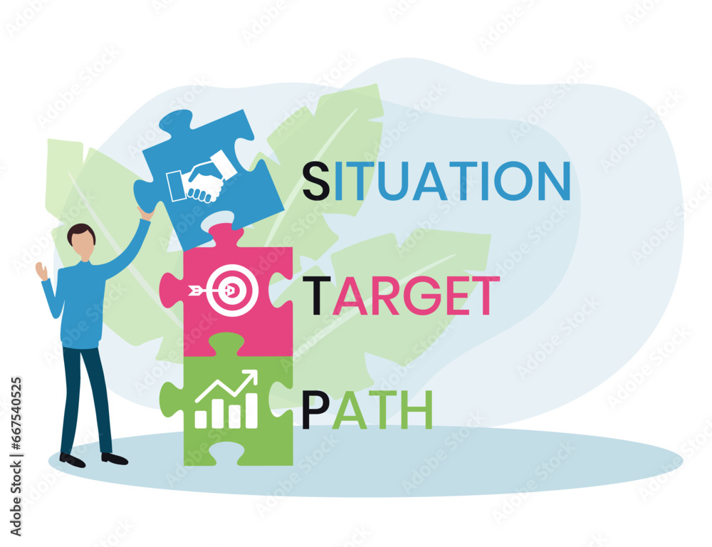 STP - situation target path. business concept background. vector ...