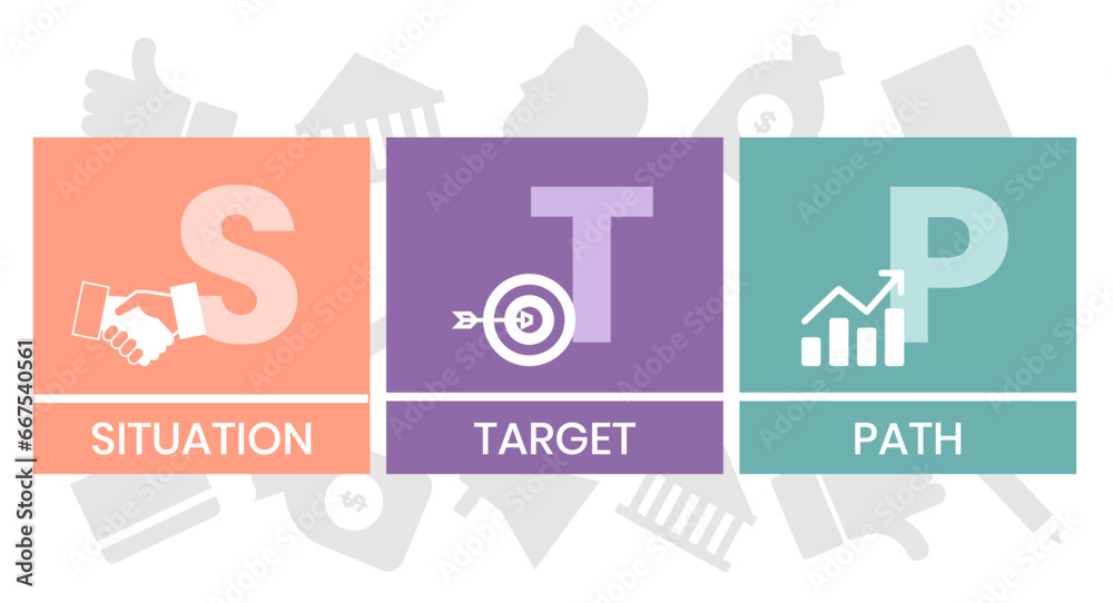 STP - situation target path. business concept background. vector ...