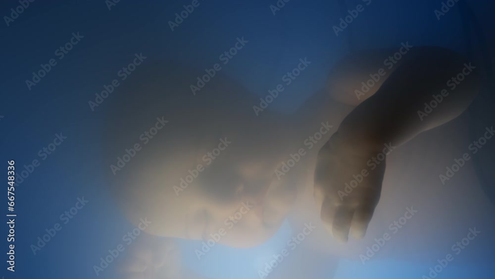 Closeup of sleeping fetus in late development stage floating in lab ...