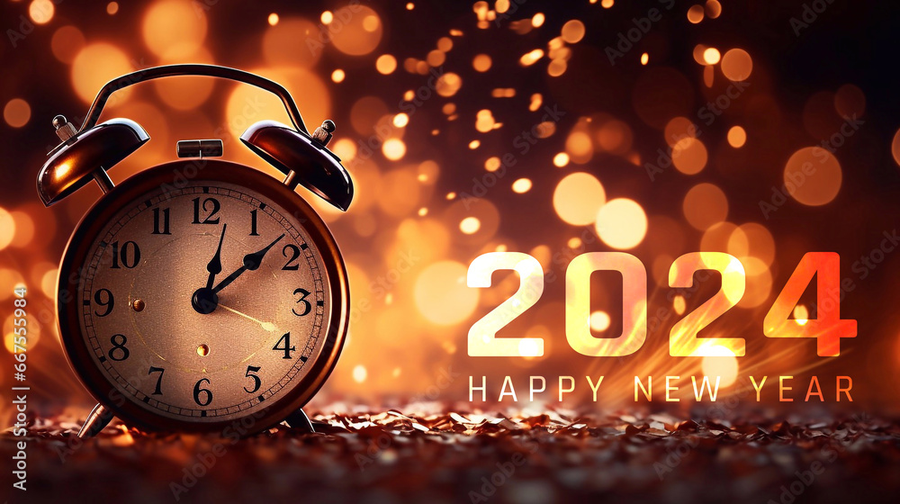 Happy New Year 2024 Poster Template with Wecker and Bokeh Background. PSD Editable Stock Photo ...