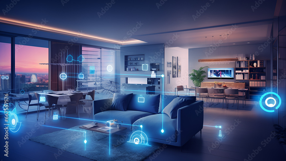 Concept Interior illustration of smart home with artificial ...