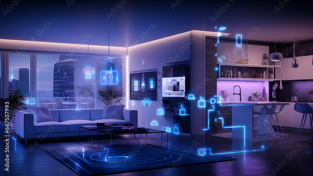 Concept Interior illustration of smart home with artificial ...