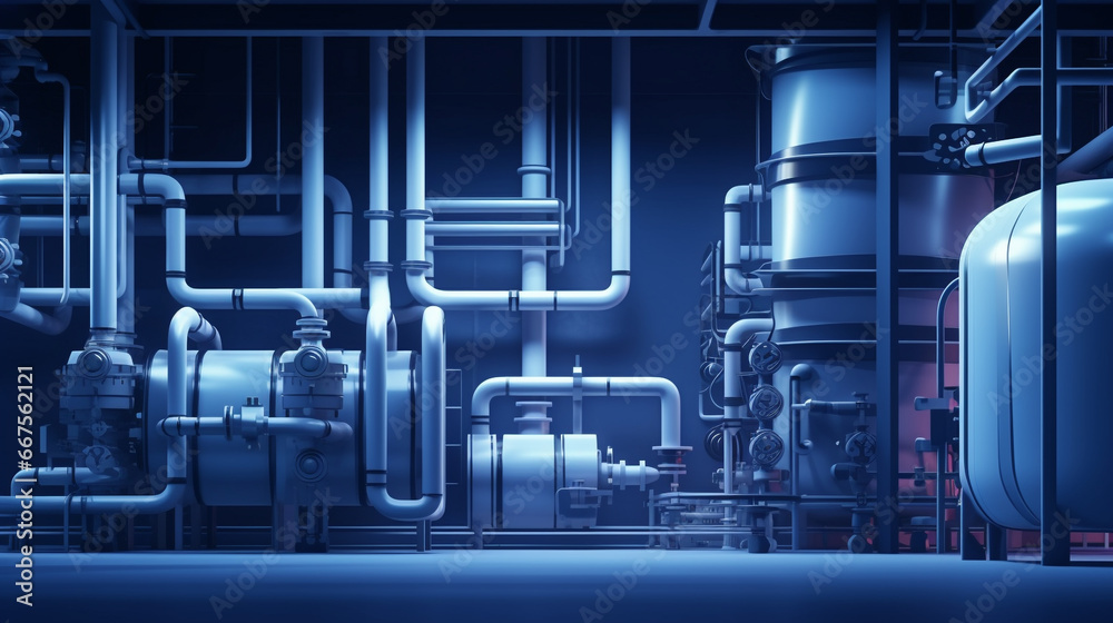 3d Power plant background with copy space, steel tanks, pipes, boilers ...
