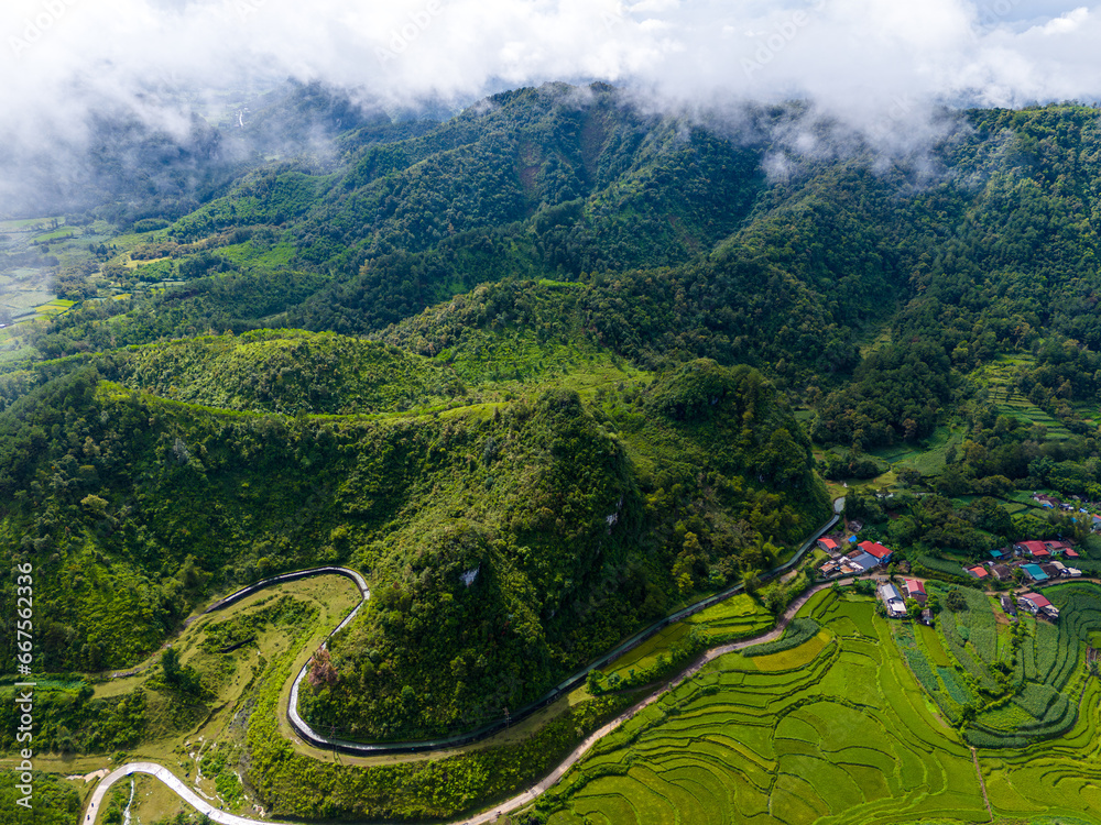 Aerial landscape in Quay Son river, Trung Khanh, Cao Bang, Vietnam with ...