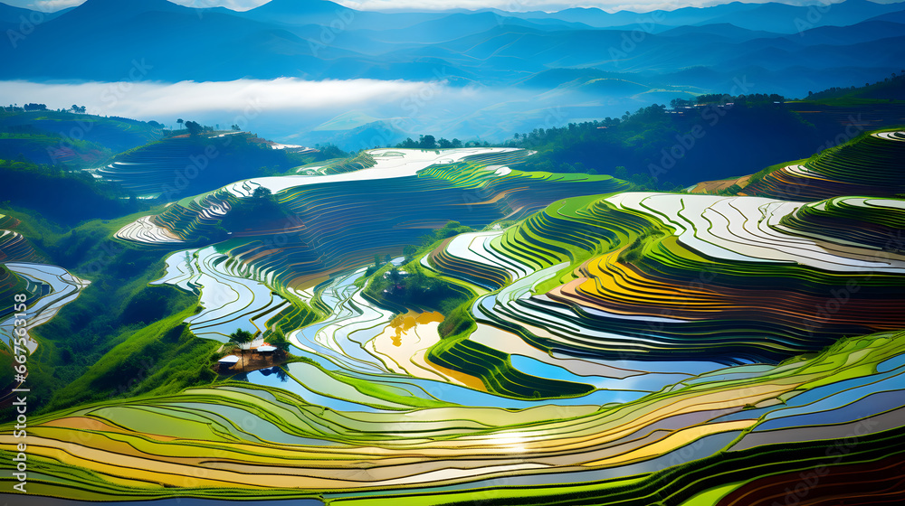 colorful Rice fields on terraced in Mu cang chai, Vietnam Rice field ...