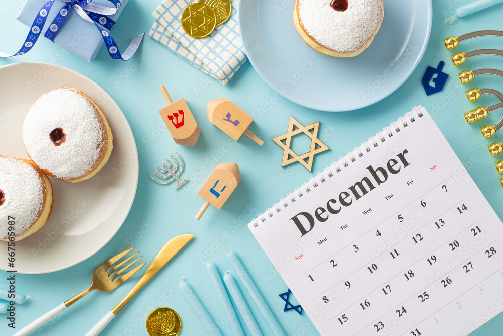 Hanukkah customs illustrated: Top view of December calendar, Jewish ...