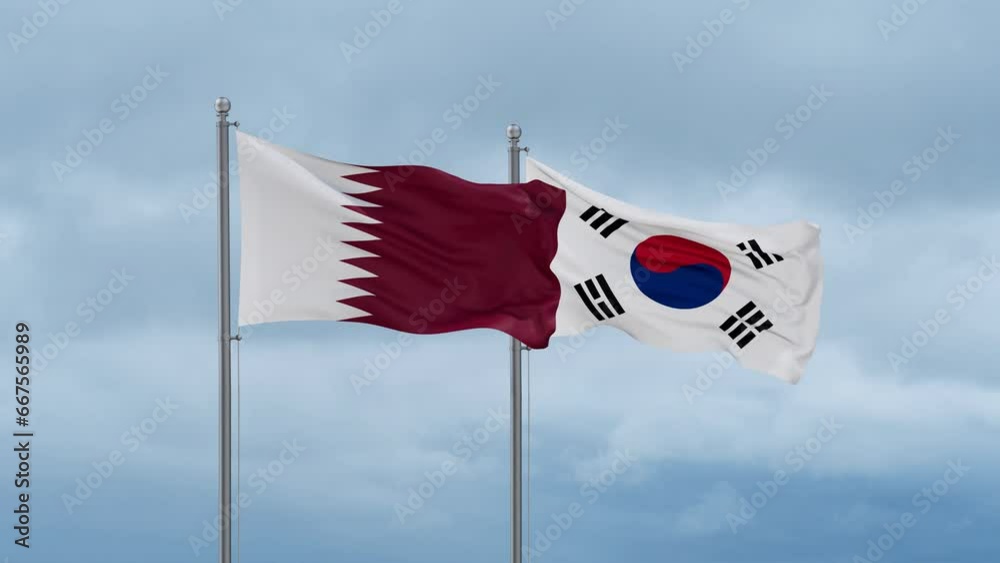 South Korea or Republic of Korea or ROK and Qatar flag waving together ...