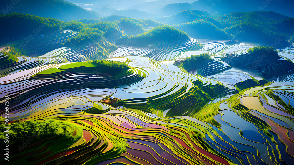 colorful Rice fields on terraced in Mu cang chai, Vietnam Rice field ...