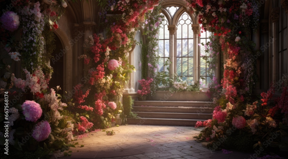 Wedding decorative beauty interior of palace, windows with flower ...