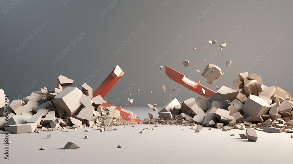 3d minimalist Wrecked Building Panorama with Concrete Debris and Huge ...