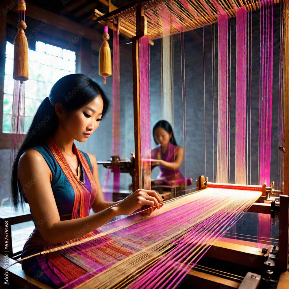 The local woman weaving the lotus cloth with the handloom at the local ...