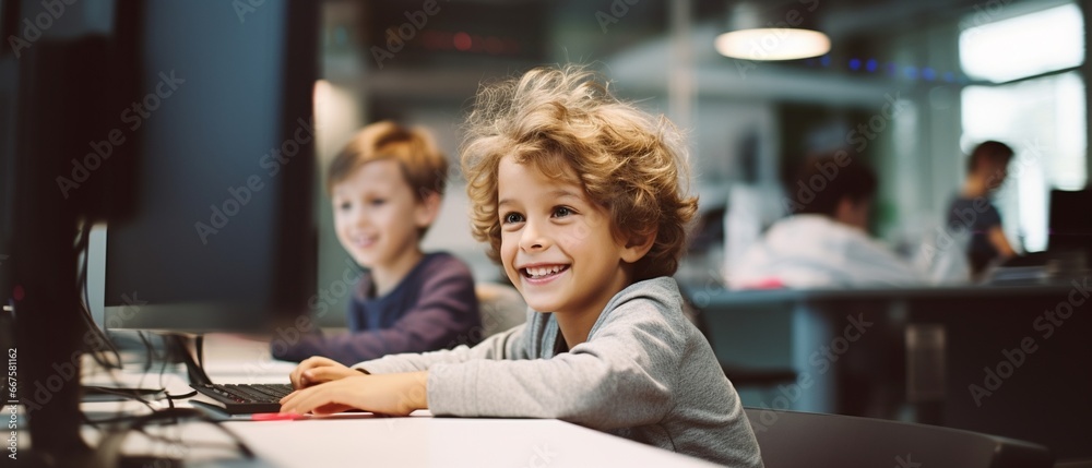 Kids Learning to Code Together in a Computer Lab Stock Photo | Adobe Stock