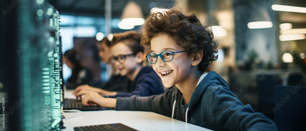 Kids Learning to Code Together in a Computer Lab Stock Photo | Adobe Stock