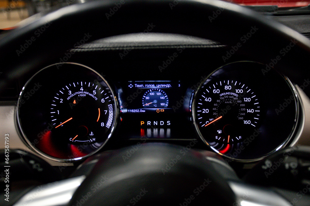 car dashboard with speedometer Ford Mustang detail Stock Photo | Adobe ...
