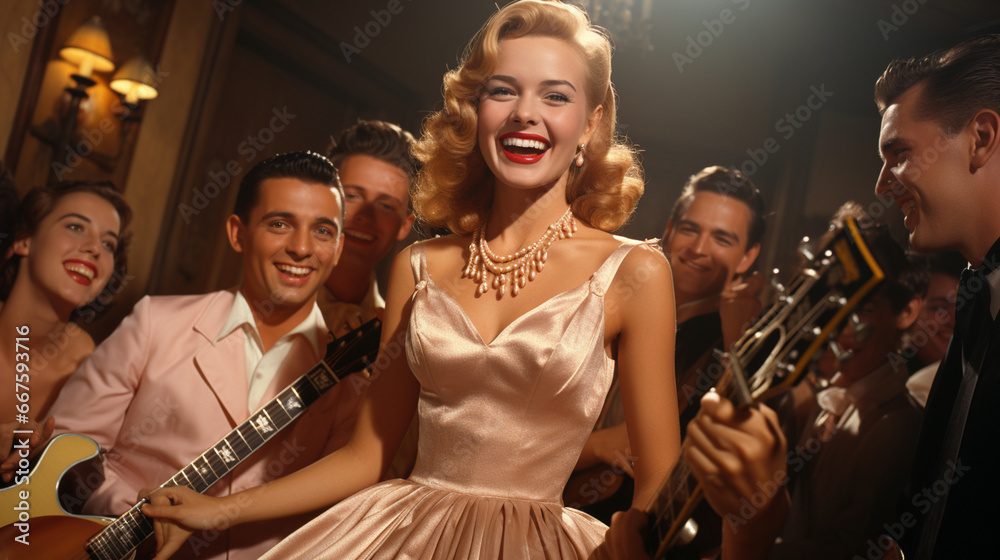 A quintessential 1950s rock 'n' roll dance party scene with youth in ...