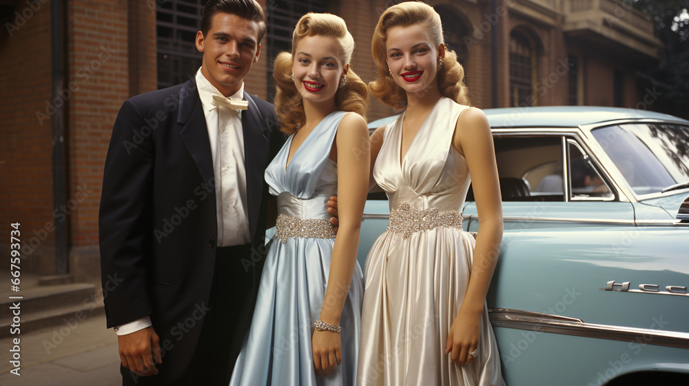 A classic 1950s high school prom, showcasing the tuxedos and elegant ...