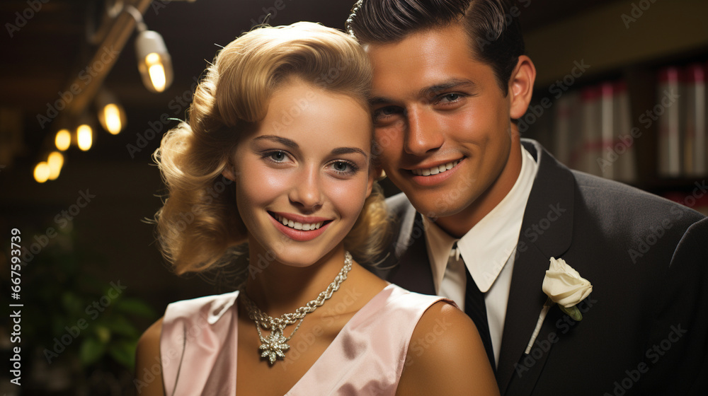 A classic 1950s high school prom, showcasing the tuxedos and elegant ...