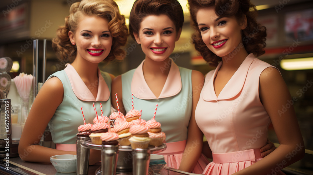 A scene from a 1950s diner with waitresses in their classic pastel ...