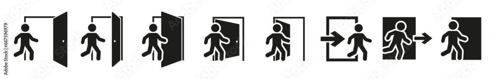 Exit icon set. Exit symbol.Emergency exit sign set. Evacuation symbol ...