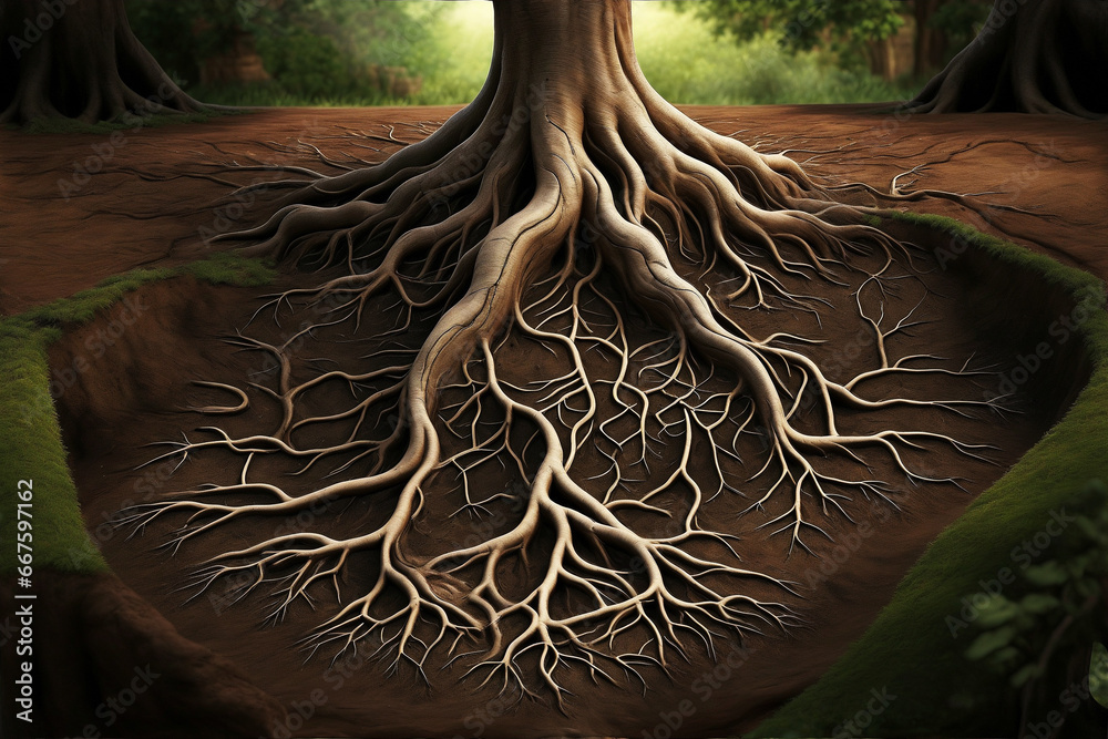 A robust, mature tree firmly anchored in the earth with a well ...