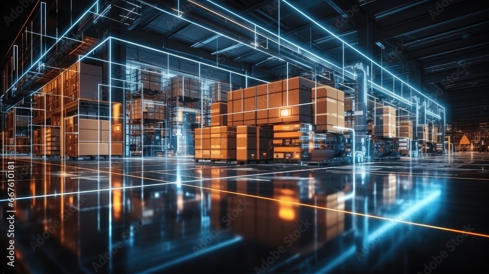 Smart logistics, Futuristic digital warehouse using augmented reality, Modern high tech ...