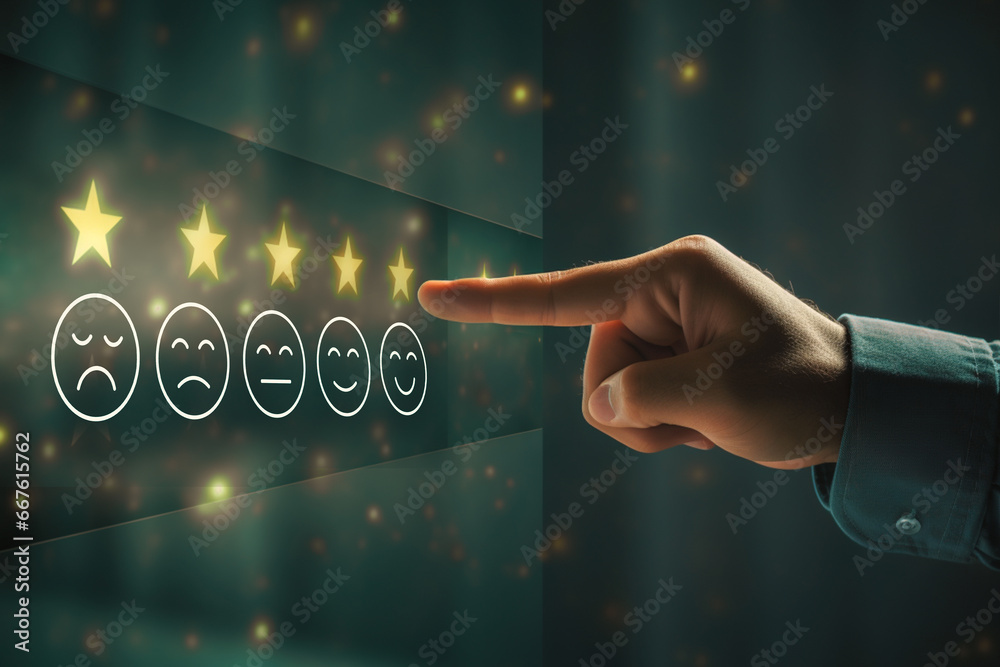 Star hand touch, Hand finger tip pointing towards happy face icon with ...