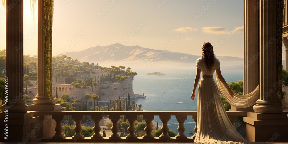 A contemplative Cleopatra stands at the balcony of her palace, the vast ...