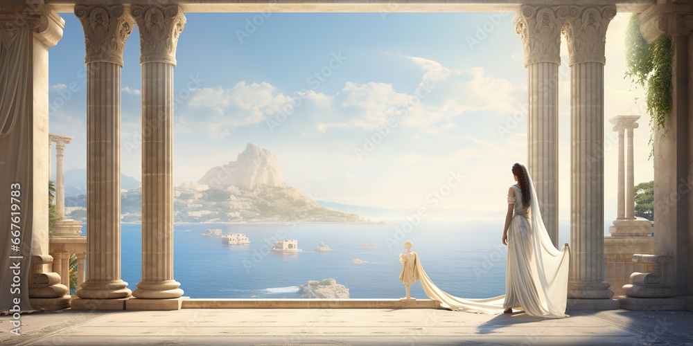 A contemplative Cleopatra stands at the balcony of her palace, the vast ...