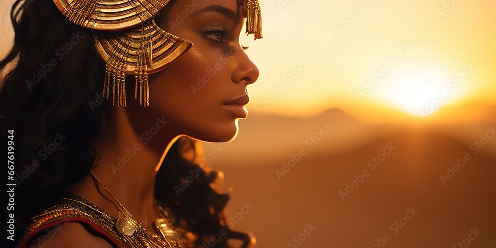 A detailed profile of Cleopatra, her skin glowing in the golden hues of ...