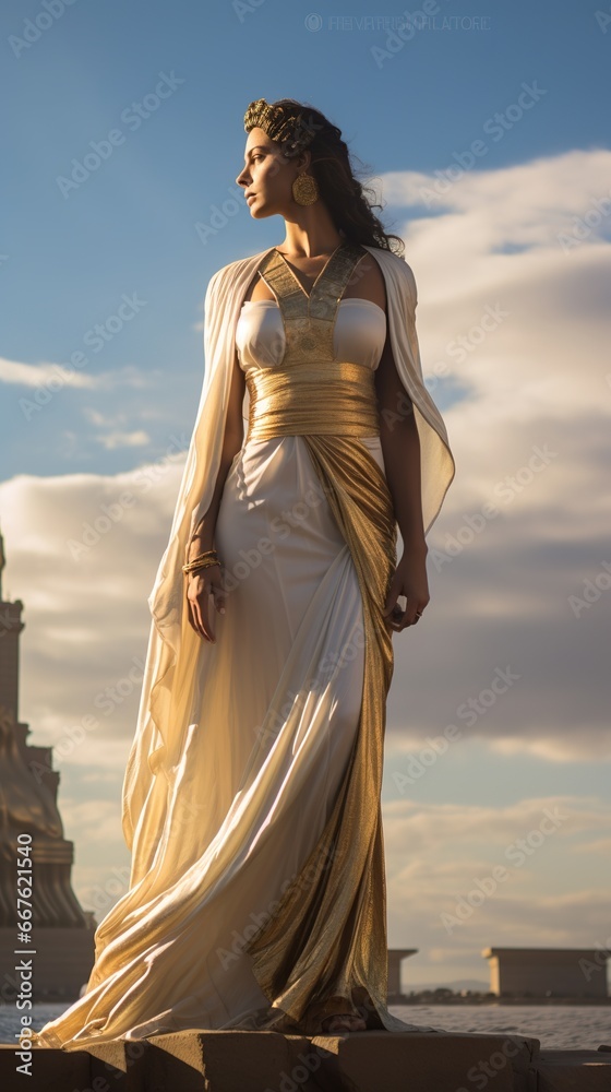 Cleopatra, draped in white and gold, standing tall with the iconic ...