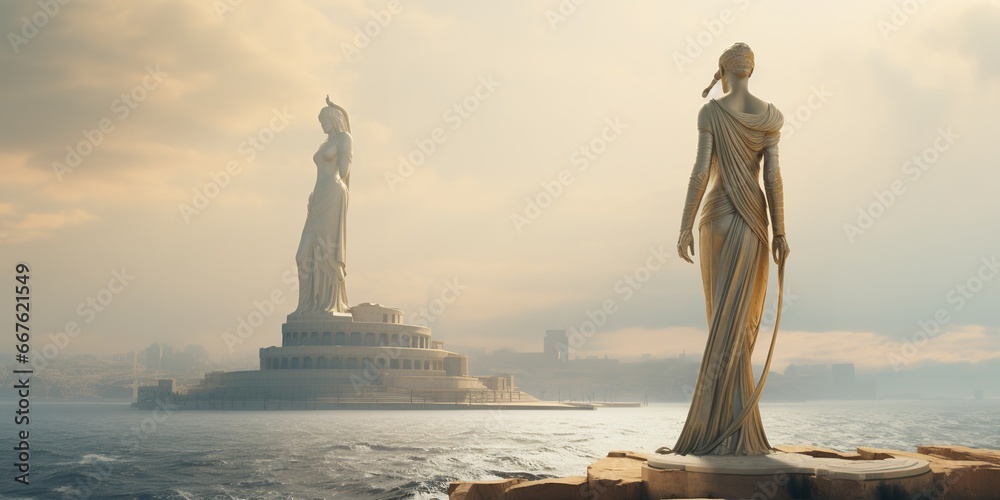 Cleopatra, draped in white and gold, standing tall with the iconic ...